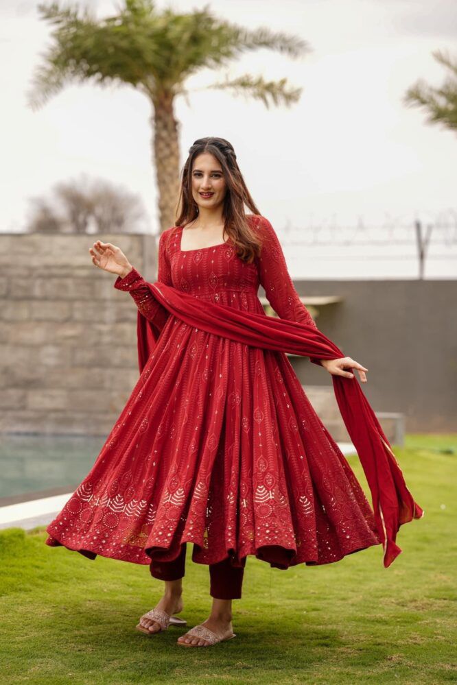 Embellished Red Color Sequence Work Gown – subhvastra
