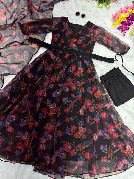 Lovely Flower Print Black Color Anarkali Suit – subhvastra