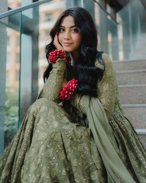 Mehndi Green Color Thread Sequence Work Gown – subhvastra