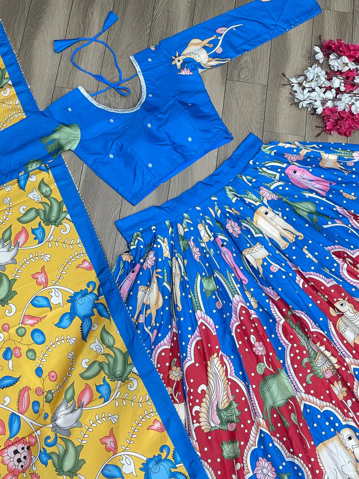 Blue Color Kalamkari Print Traditional Wear Lehenga Choli Subhvastra