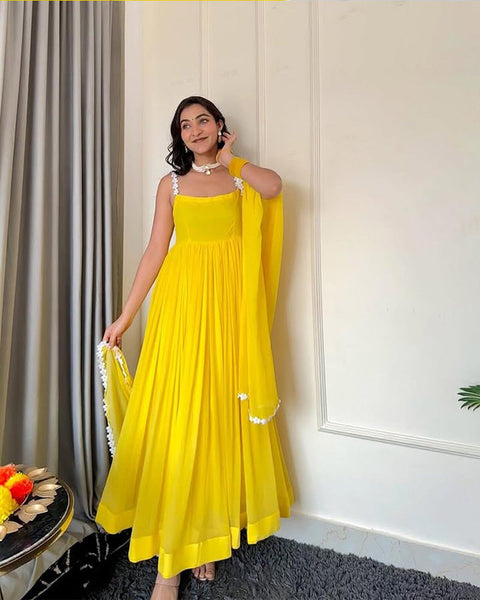 Haldi Special Yellow Color Faux Georgette Gown With Dupatta – subhvastra