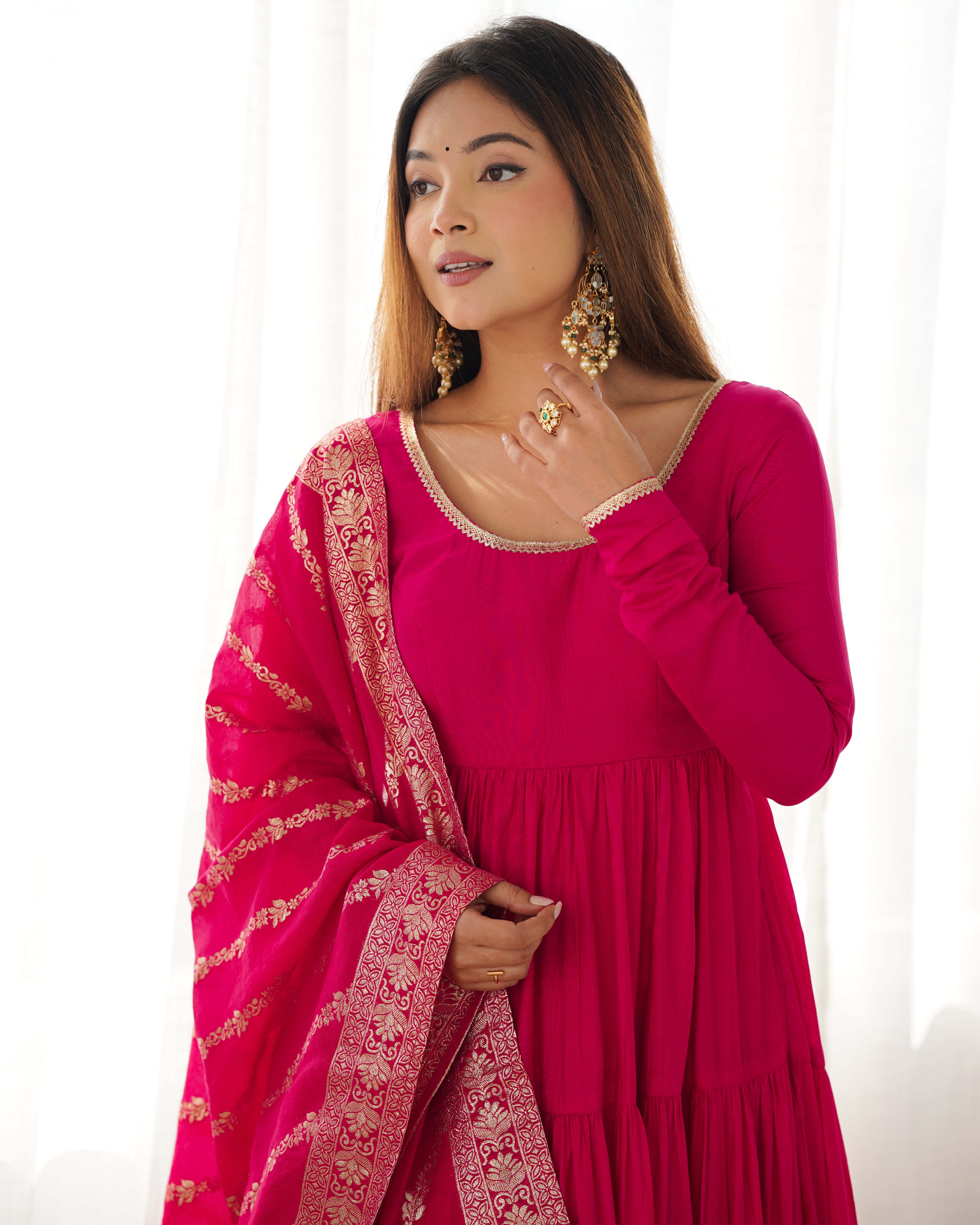 Rani Pink Color Pure Roman Silk Ruffle Style Anarkali Suit – subhvastra
