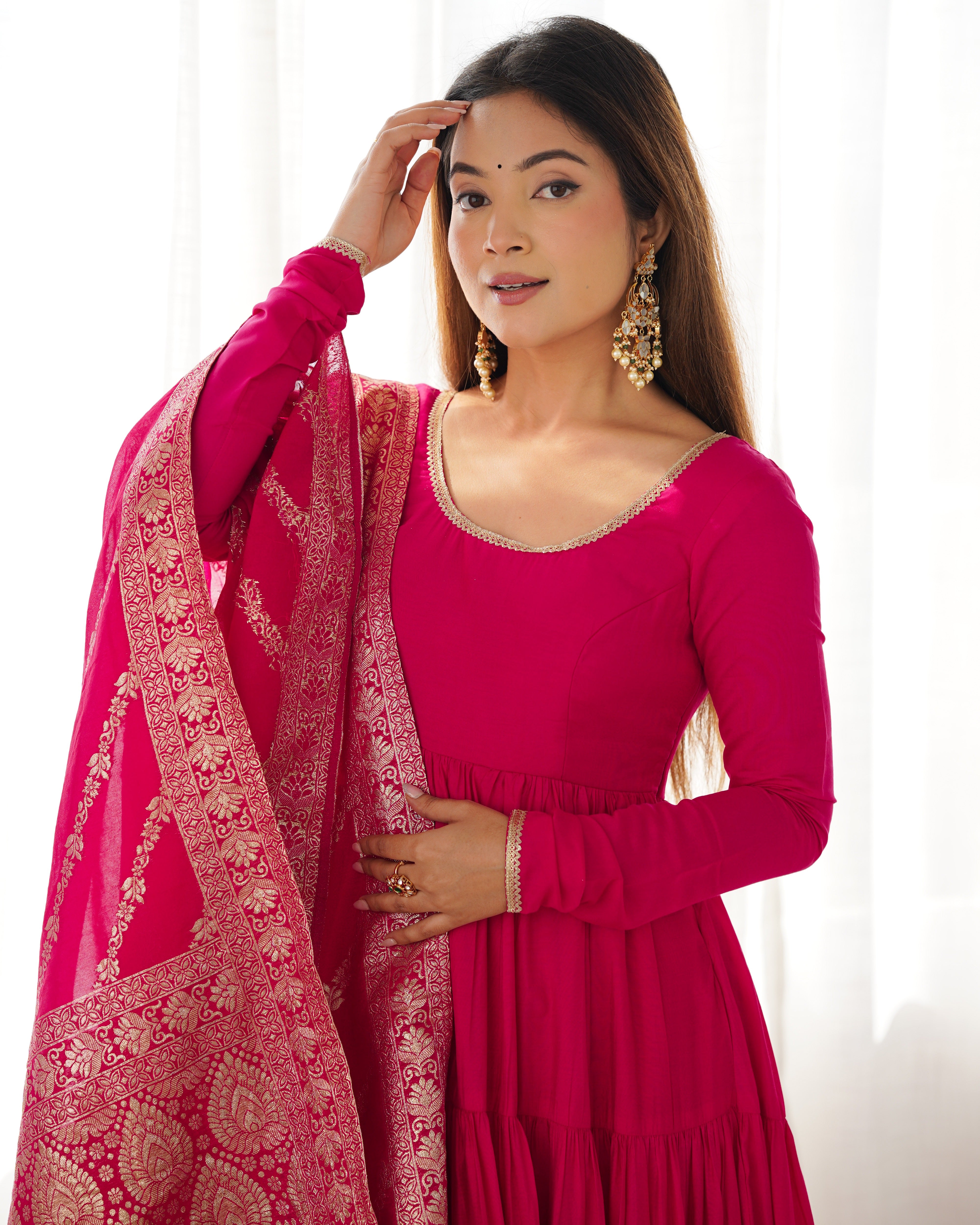 Rani Pink Color Pure Roman Silk Ruffle Style Anarkali Suit – subhvastra