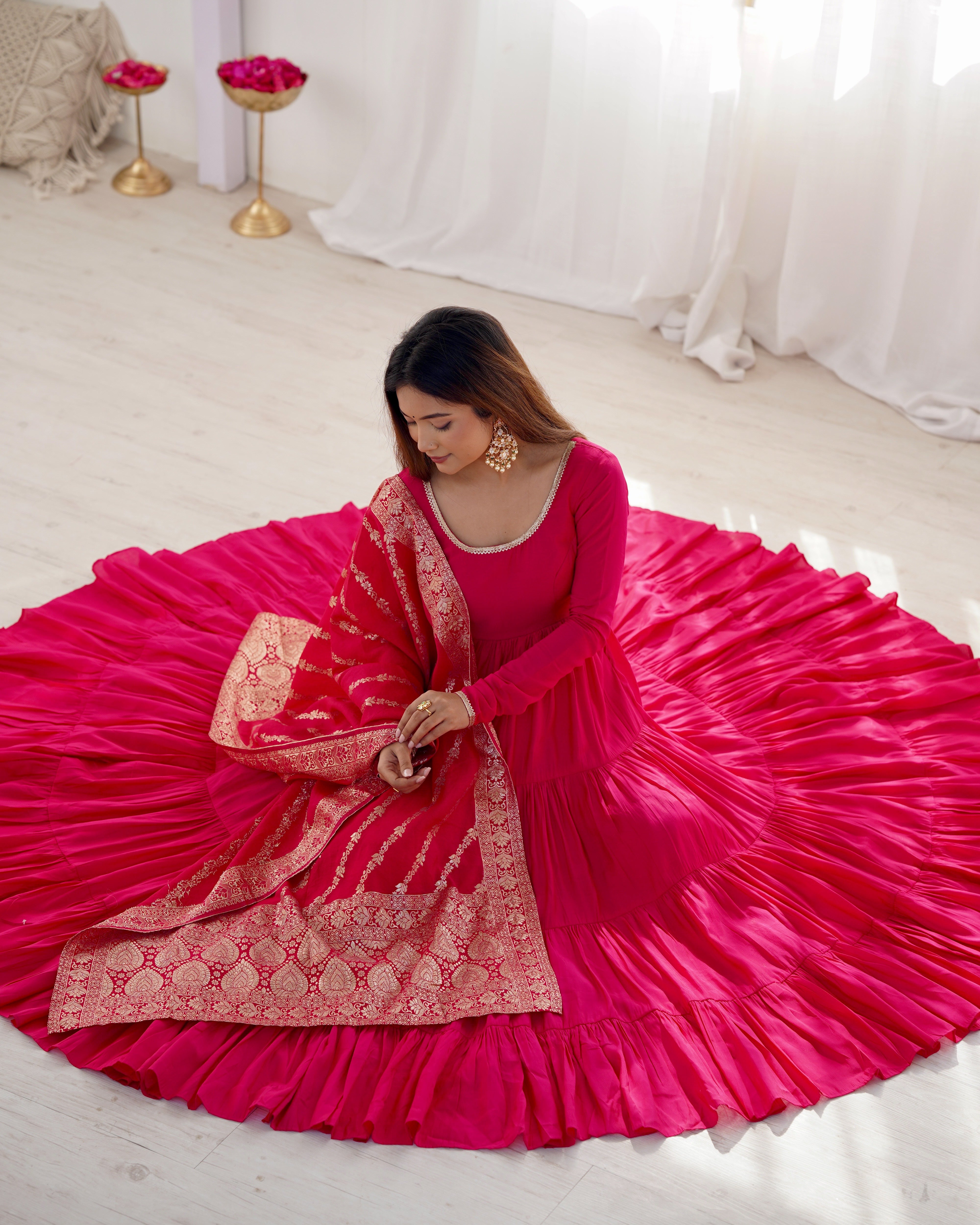 Rani Pink Color Pure Roman Silk Ruffle Style Anarkali Suit – subhvastra